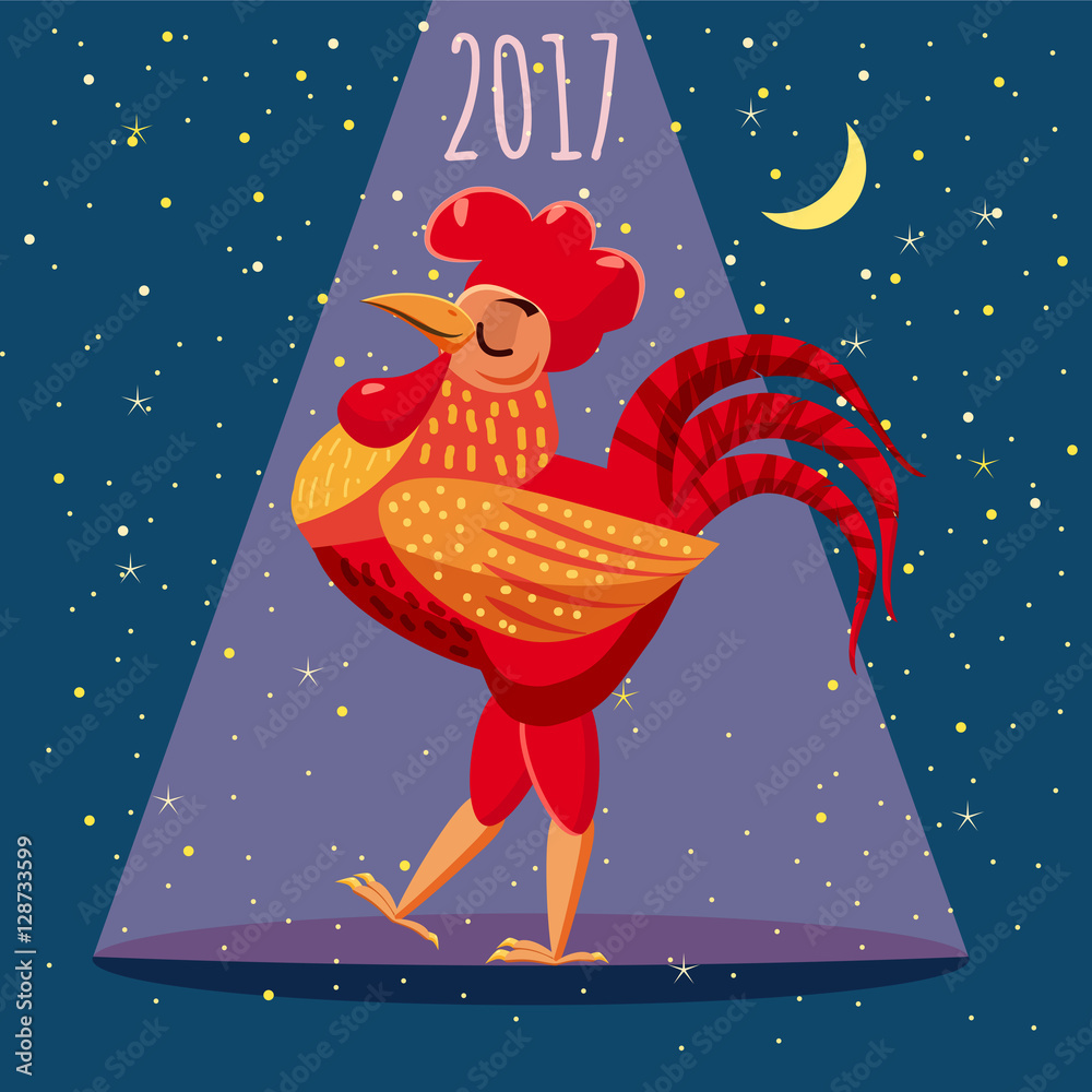 Christmas and New Year greeting card with cheerful rooster in Santa hat ...