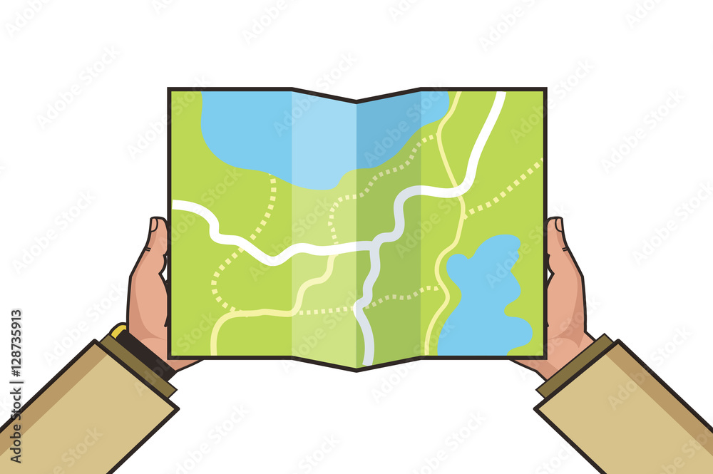 Hands holding paper map. Folded map in hands of men. Tourist look at ...