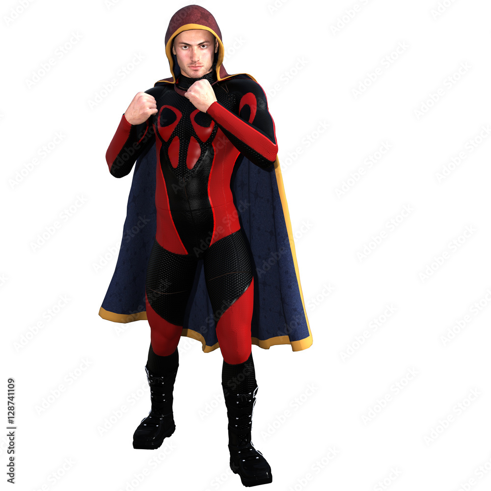 One young man in a super suit and a red cloak. He's standing in a ...