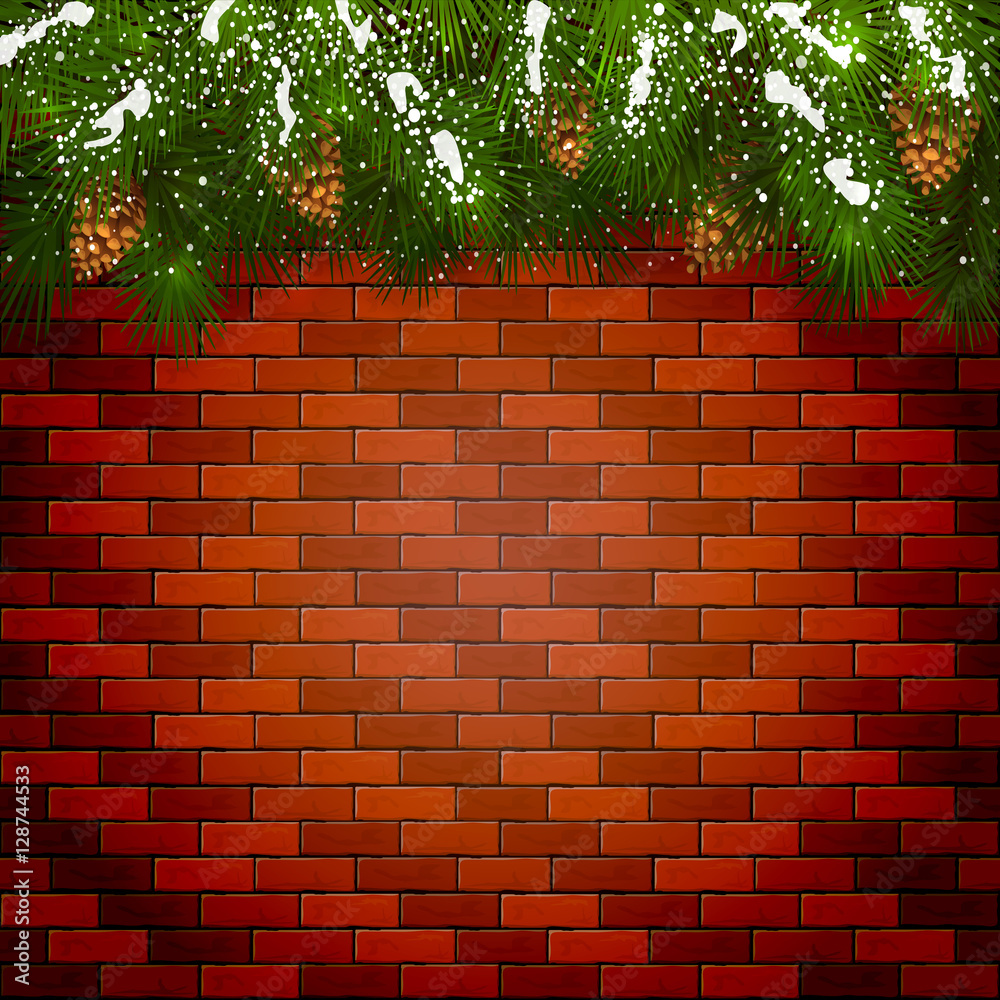 Brick wall background with Christmas fir tree branches Stock Vector ...