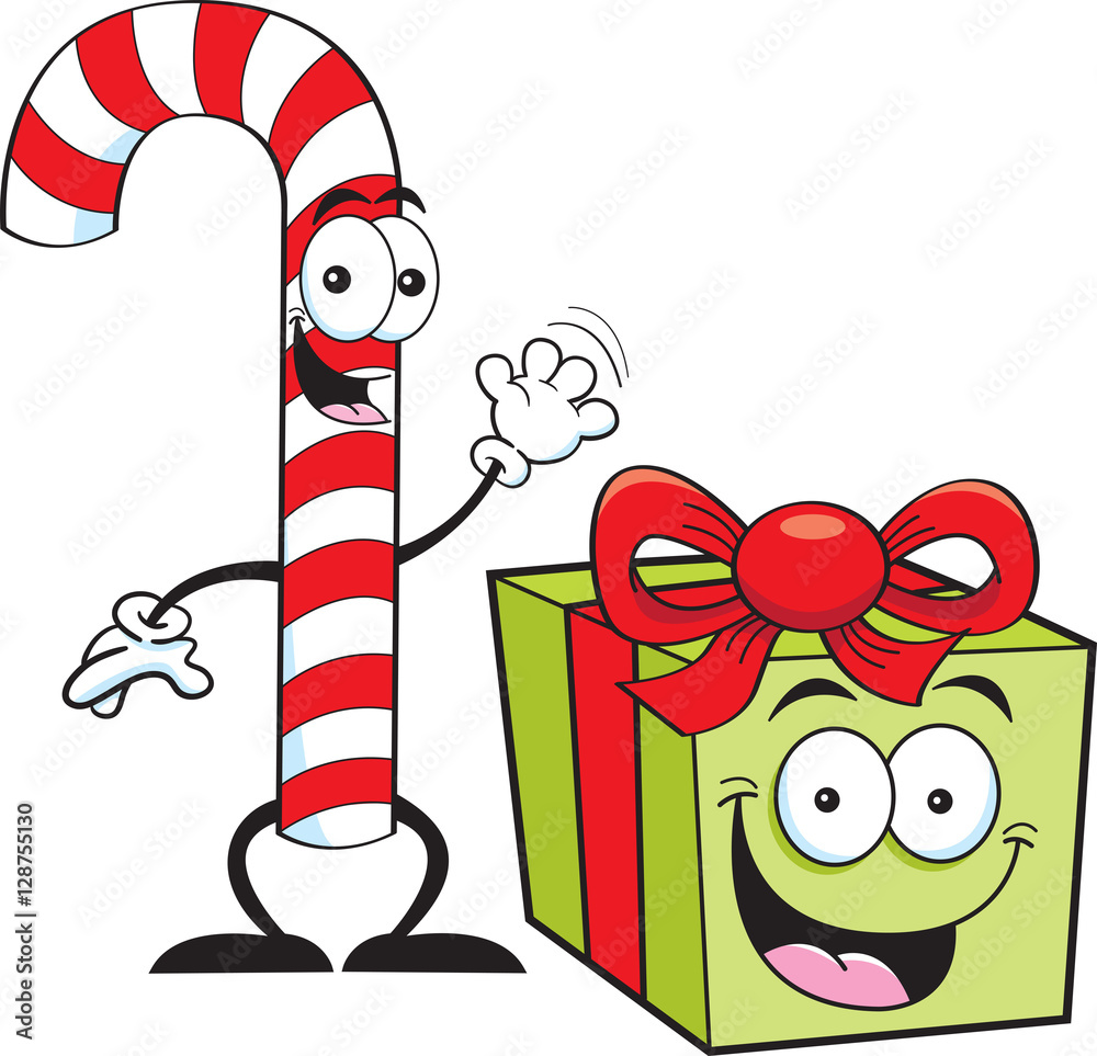Cartoon illustration of a candy cane and a gift. Stock-Vektorgrafik ...