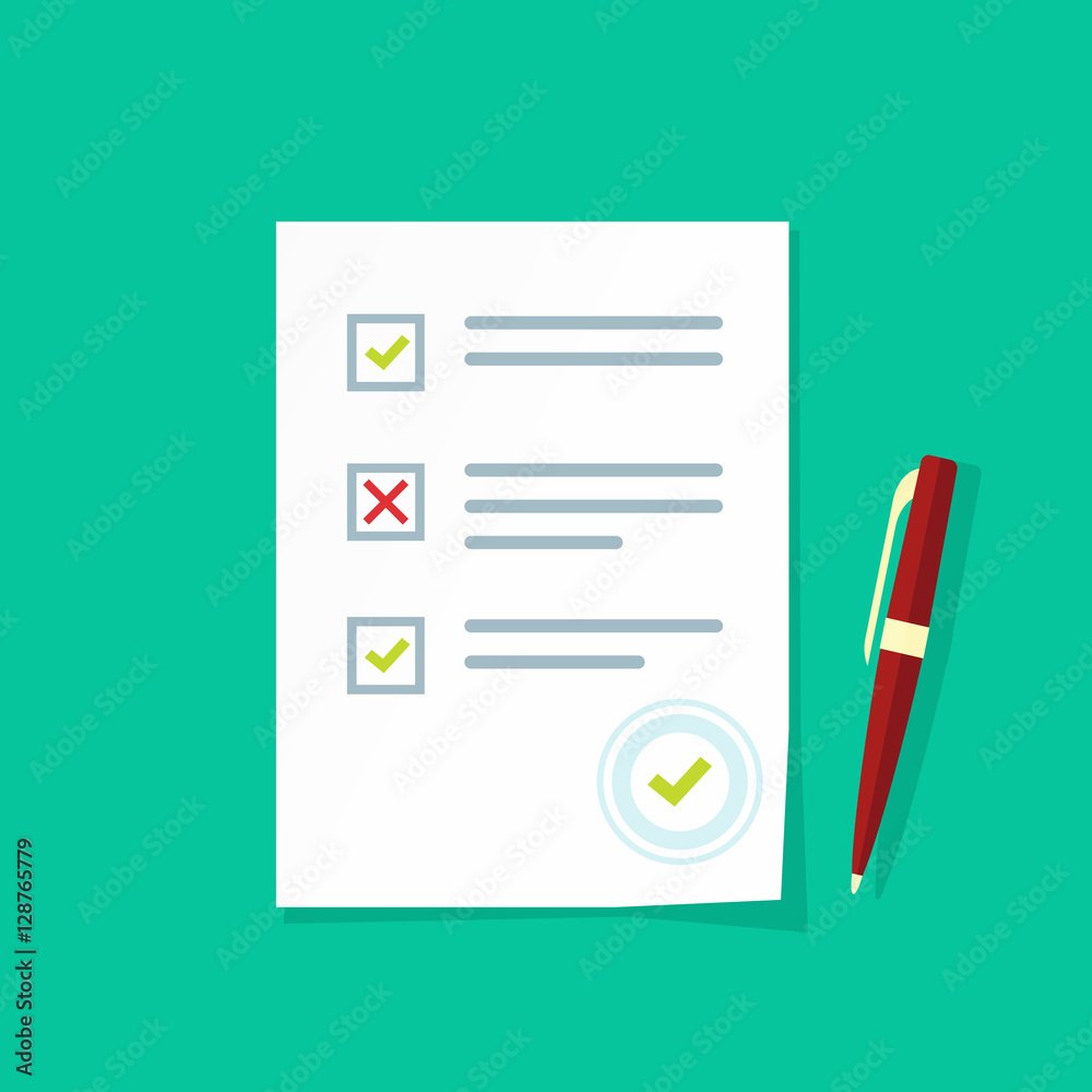 Exam test results paper sheet vector illustration, survey form ...