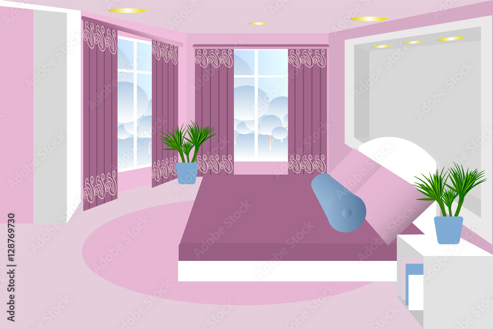Bedroom . The interior of the room. Vector. Bed, bedside table, plant ...