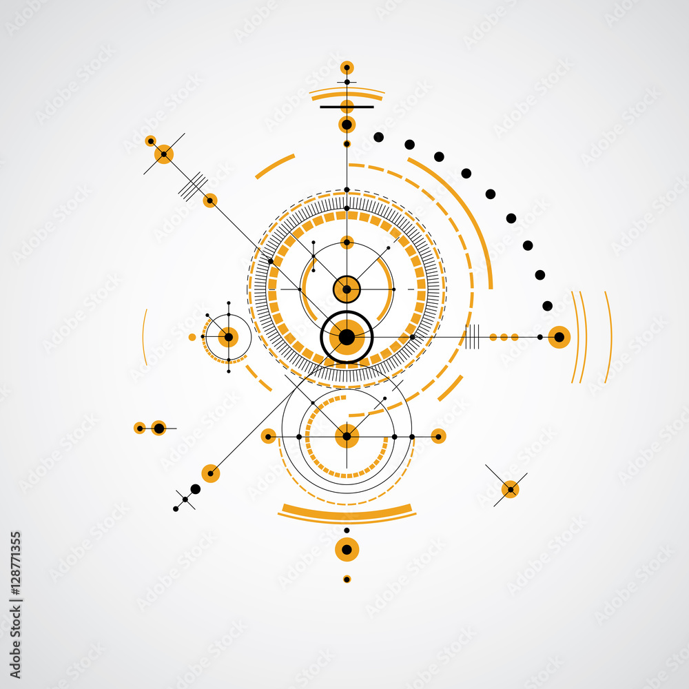 Mechanical scheme, yellow vector engineering drawing with circle Stock ...