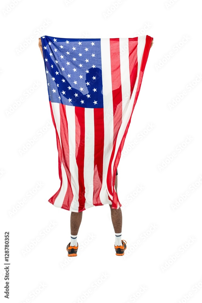 Athlete posing with american flag after victory Stock Photo | Adobe Stock