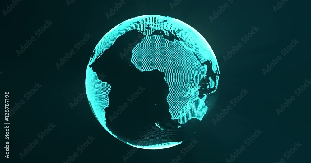 Earth from blue particles and spinning. Rotating globe, shining ... Earth from blue particles and spinning. Rotating globe, shining ...