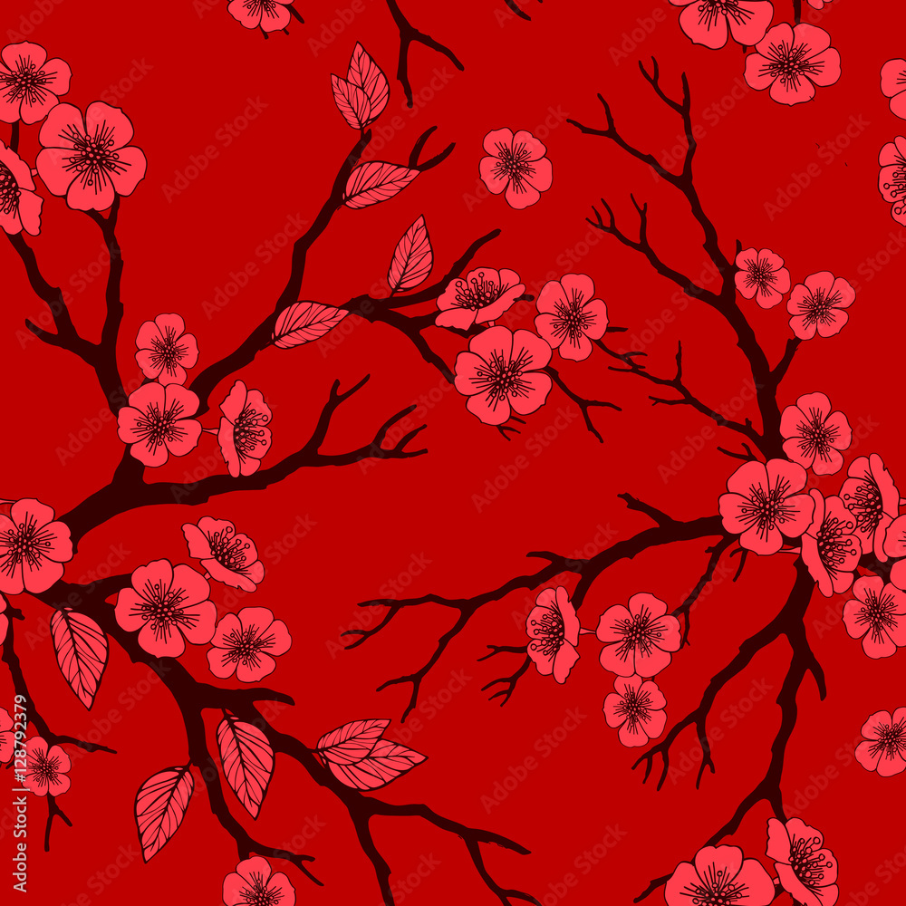 Vector seamless background with sakura blossoms and folliage. Eps ...