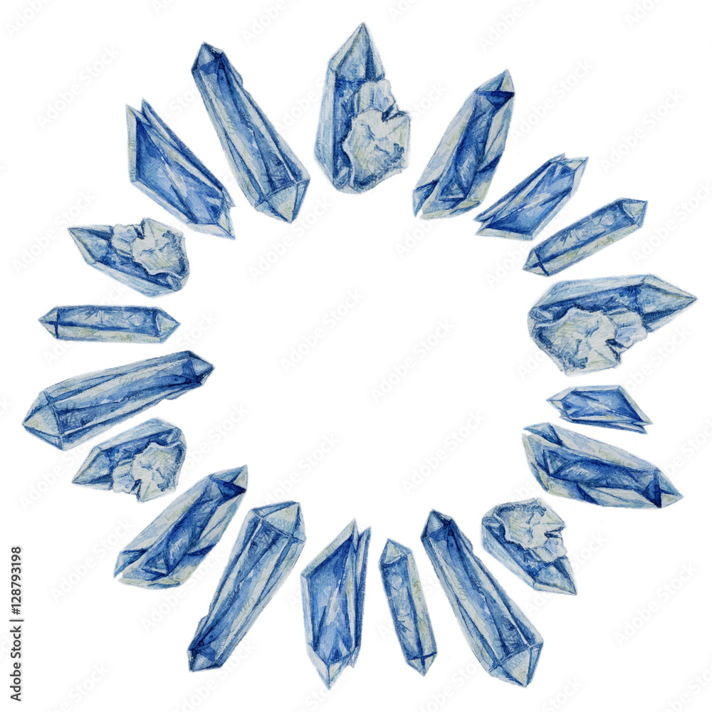 Watercolor blue crystal circle frame. Round border formed with gems ...