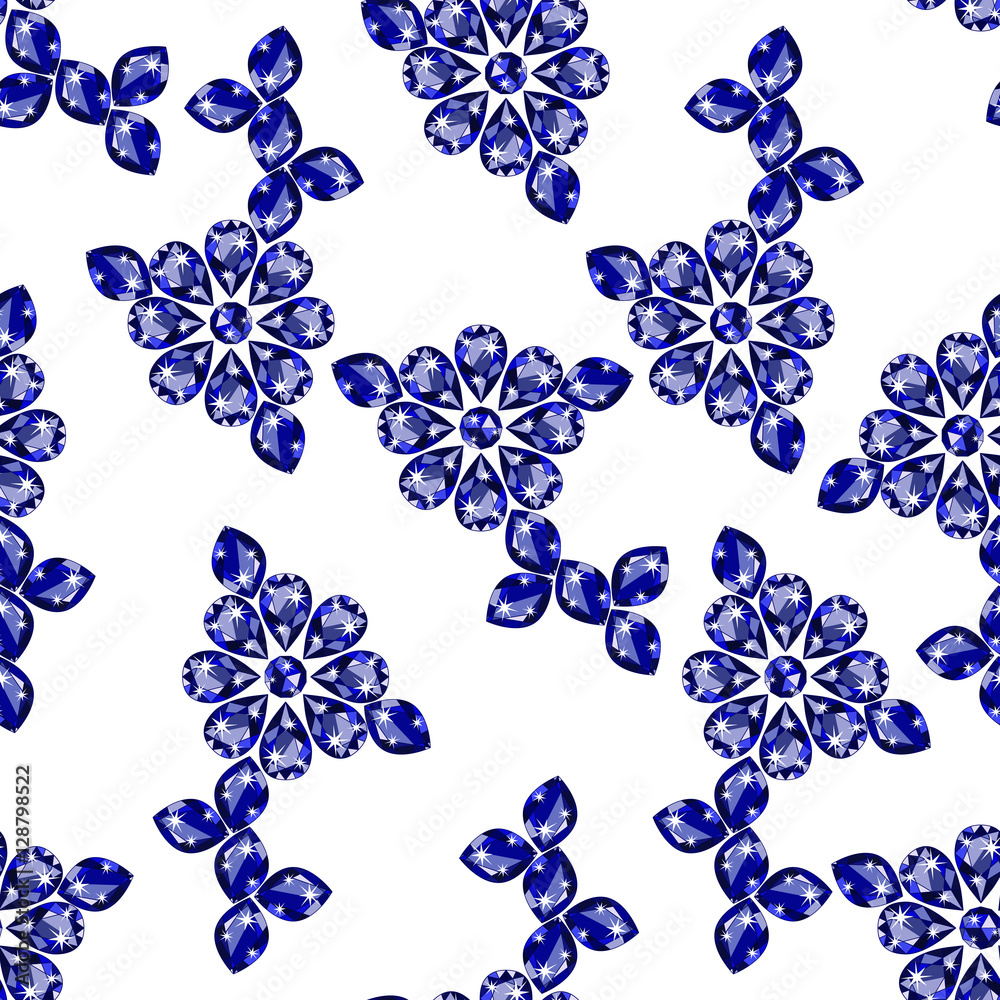 Seamless pattern with deep blue precious gem Sapphire in shape of ...