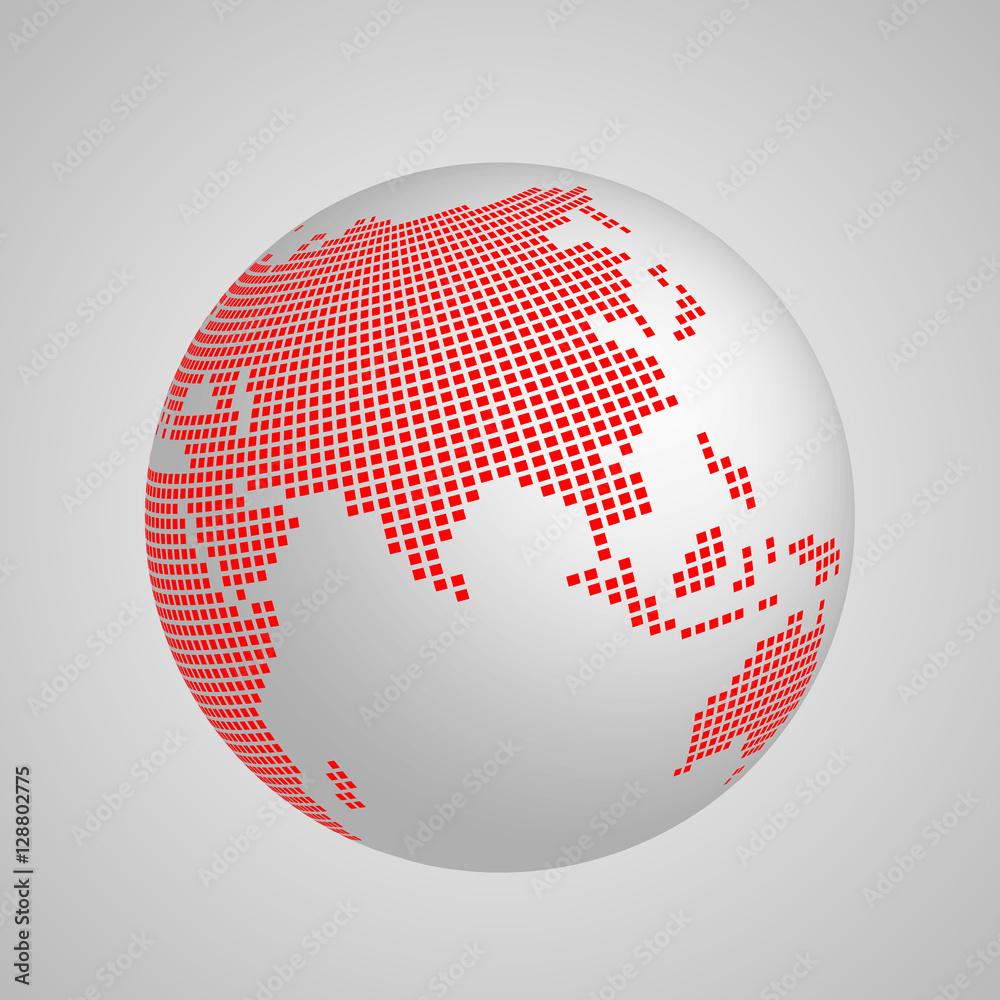 Vector planet Earth globe with red squared map of continent Asia. 3D ...