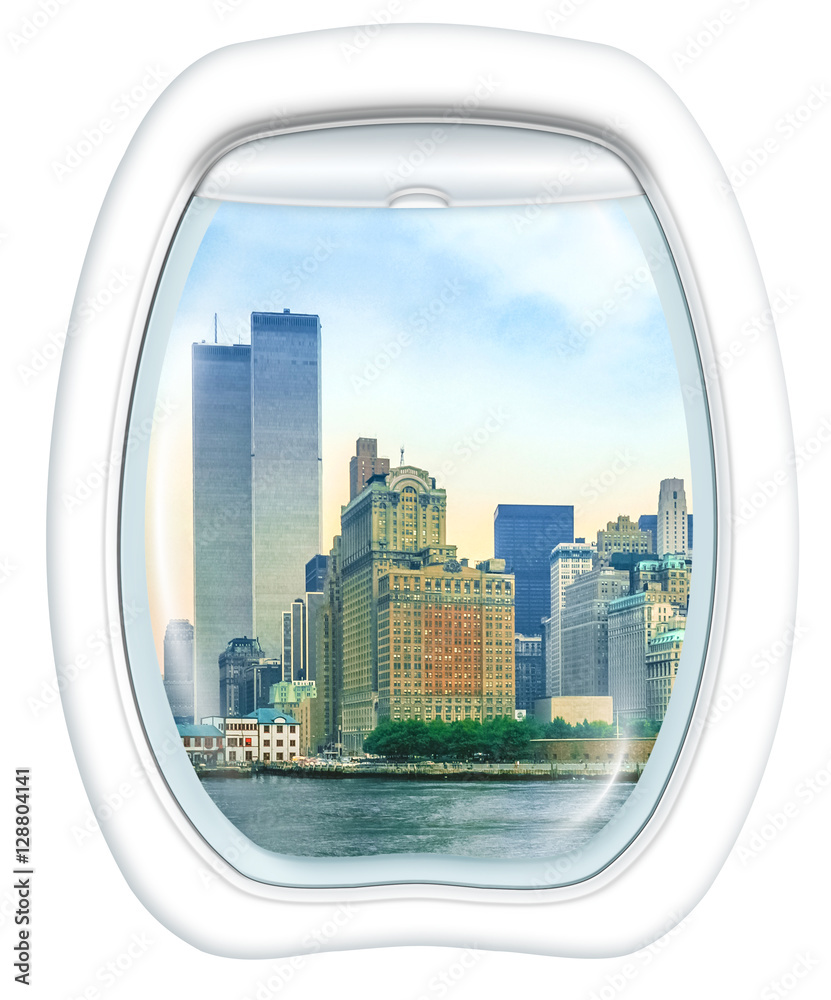 Plane window on New York City with World Trade Center and Twin Towers ...
