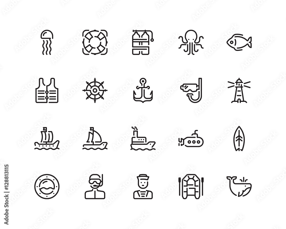 Marine outline style icon set Stock-Vektorgrafik | Adobe Stock