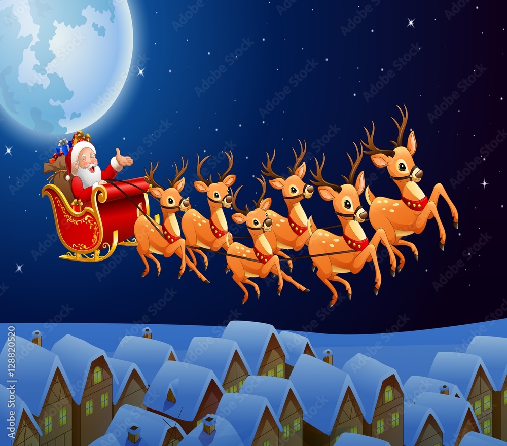 Santa Claus riding his reindeer sleigh flying in the sky Stock Vector | Adobe Stock