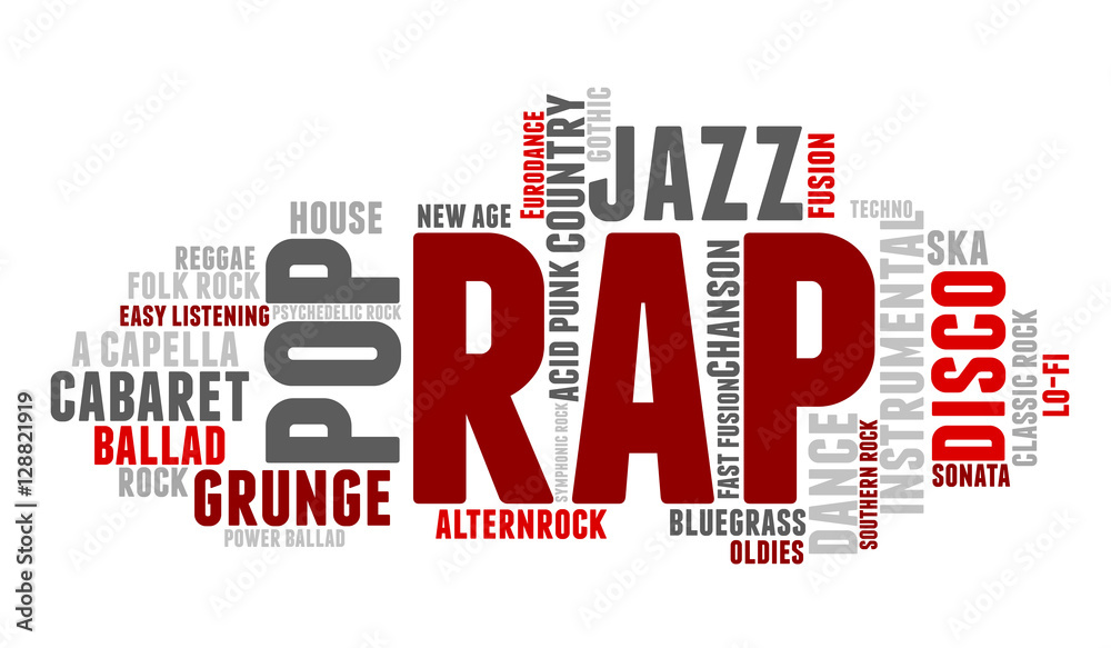 Rap. Word cloud, type font, gradient grey background. Music concept ...