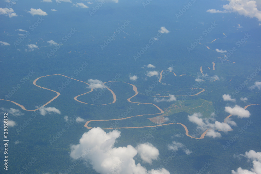 Aerial view of Kinabatangan River in Sabah Borneo, Malaysia. It is the ...