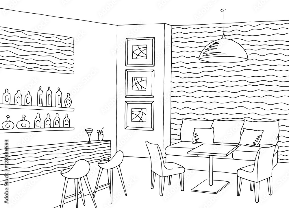 Cafe bar interior graphic art black white sketch illustration vector ...