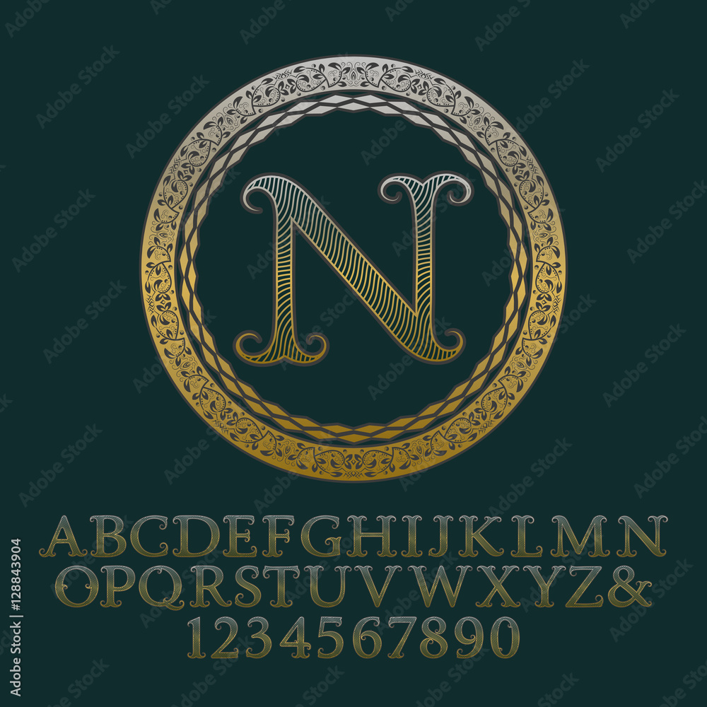 Wavy patterned gold letters and numbers with initial monogram. Elegant ...