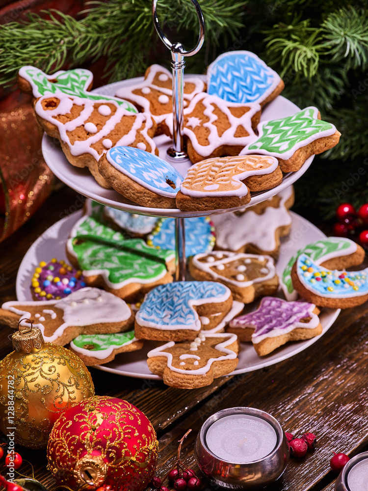 Christmas Gingerbread Cookies On Tiered Cookie Stand Christmas Tree