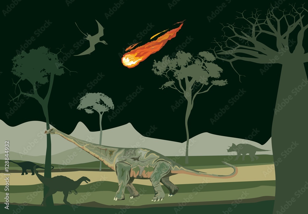 End of the age of Dinosaurs prihistoric scene vector illustration ...