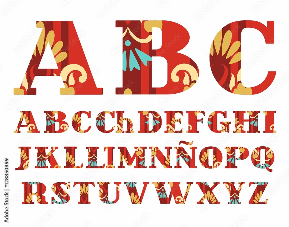 Spanish alphabet, Golden flowers, vector font, capital letters, red ...