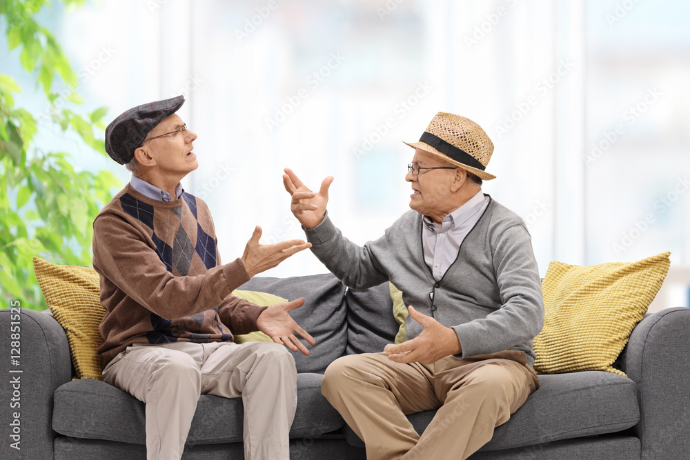 Seniors sitting on a sofa and arguing with each other Stock Photo ...