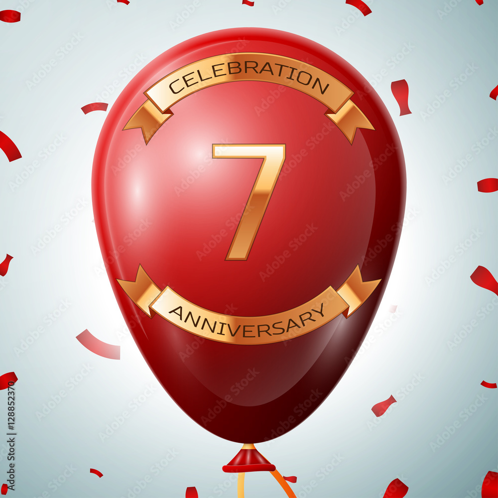 Red balloon with golden inscription seven years anniversary celebration ...