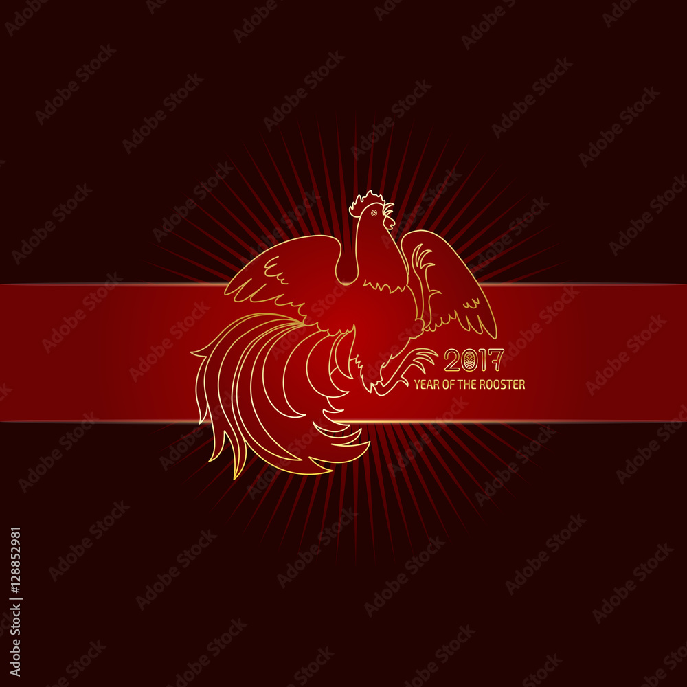 2017, the Year of the Fire Rooster in Chinese Horoscope. Red and gold ...