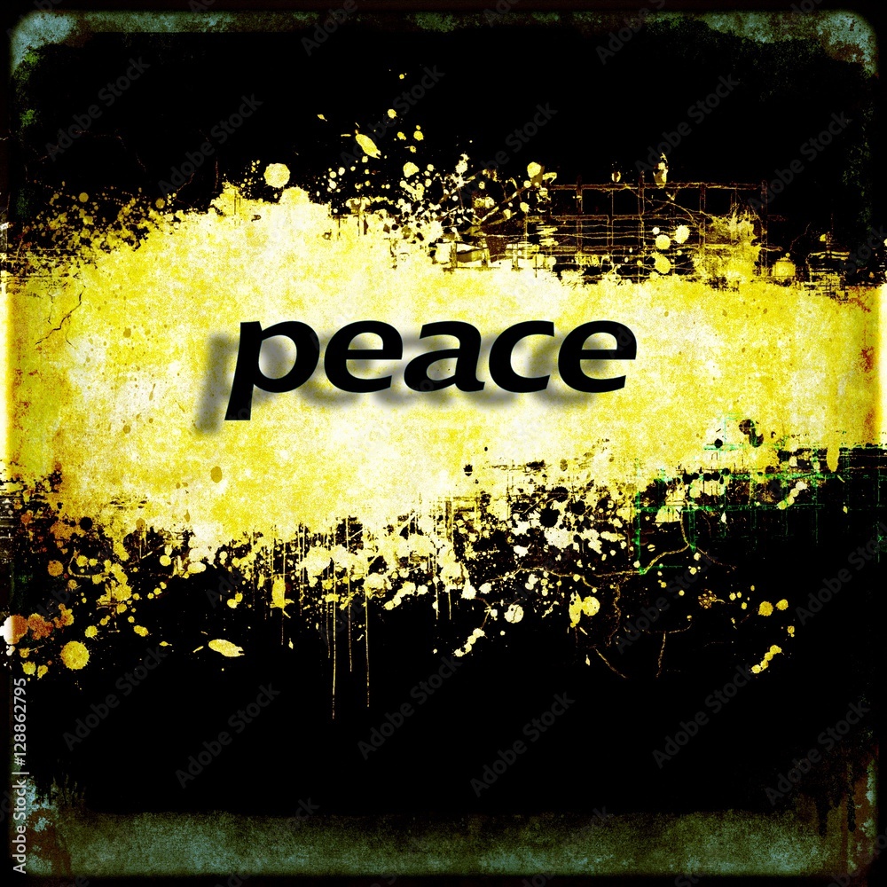 Word "peace" on black and yellow grunge background. Communication ...