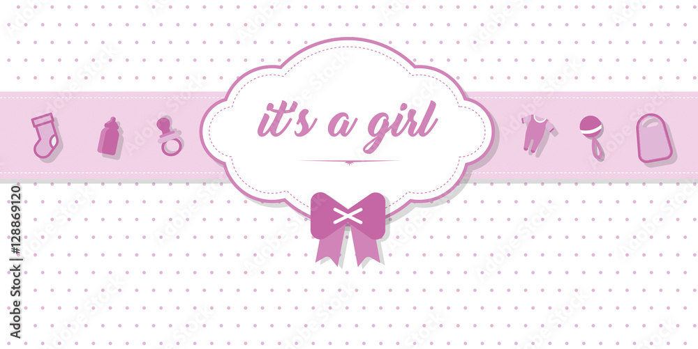 süße und elegante DIN lang Karte zur Geburt mit Icons und Rosa ...