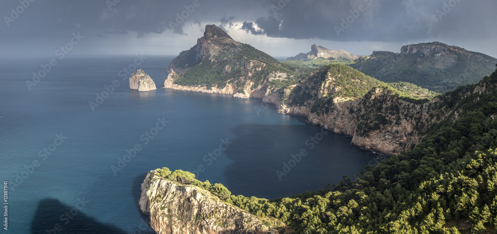 Majorca, view from Mirador de la Creueta towards the island Colomer ...