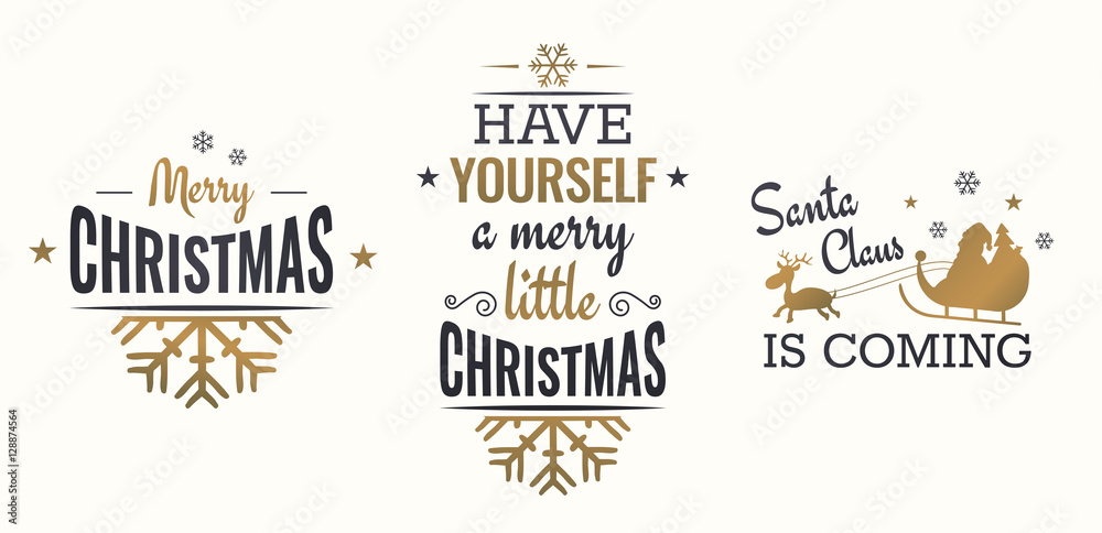 Merry christmas set of gold lettering, with caligraphic letters, text ...