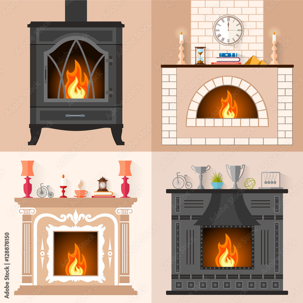 Vector set of fireplaces in flat style. Collection of icons of ...