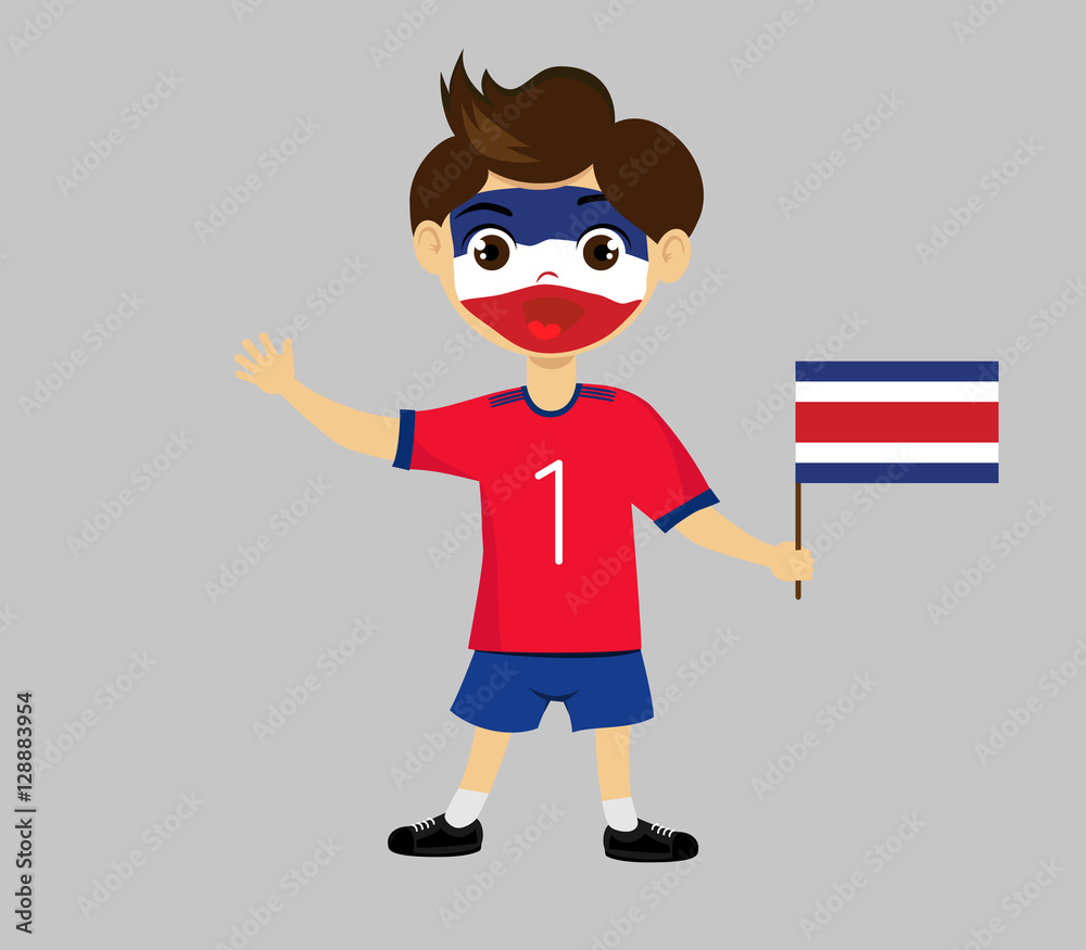 Fan of Costa Rica national football team, sports. Boy with flag in the ...