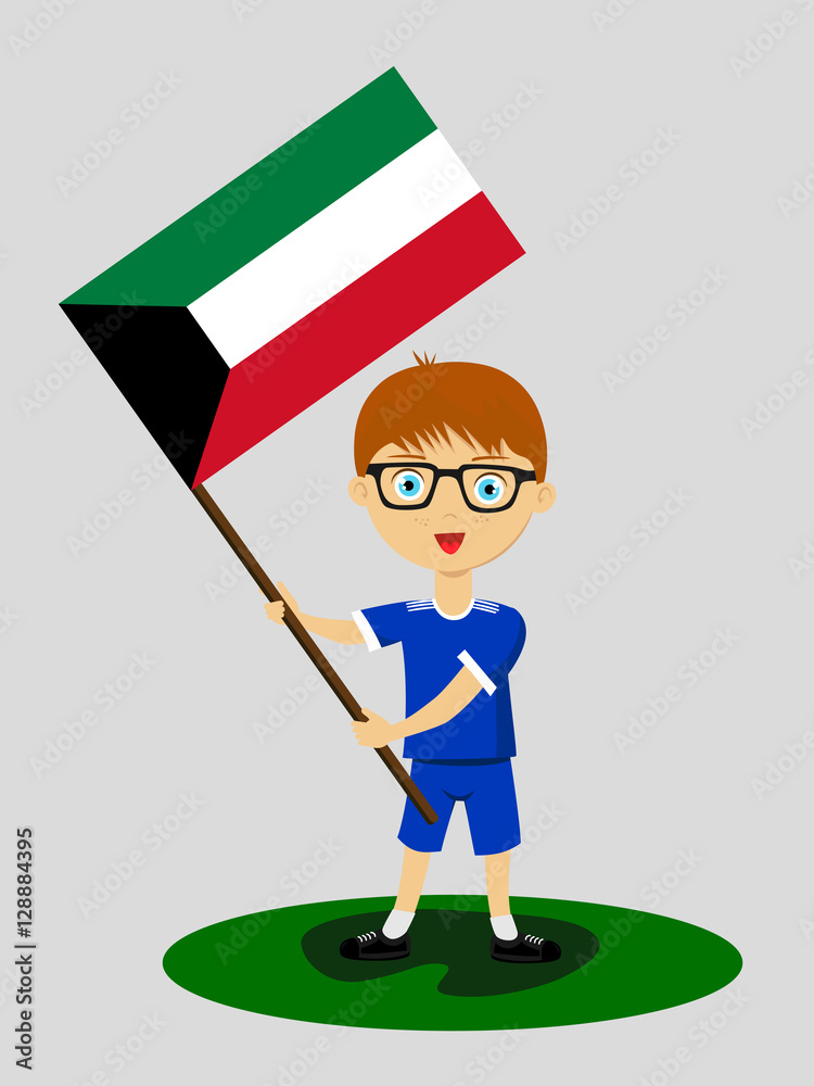 Fan of Kuwait national football team, sports. Boy with flag in the ...