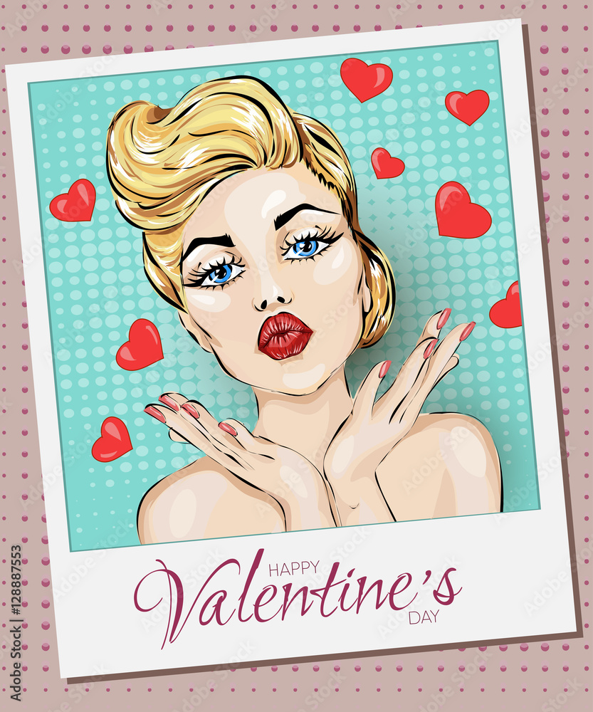Valentines Day Pin Up Sexy Woman Sending Air Kiss With Hearts Pop Art