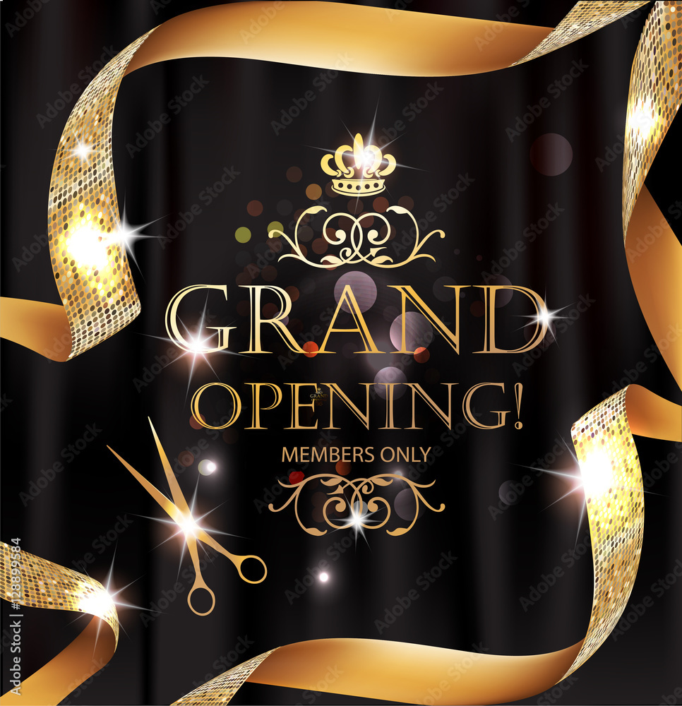 Elegant grand opening card with silk textured curled gold ribbon Stock ...