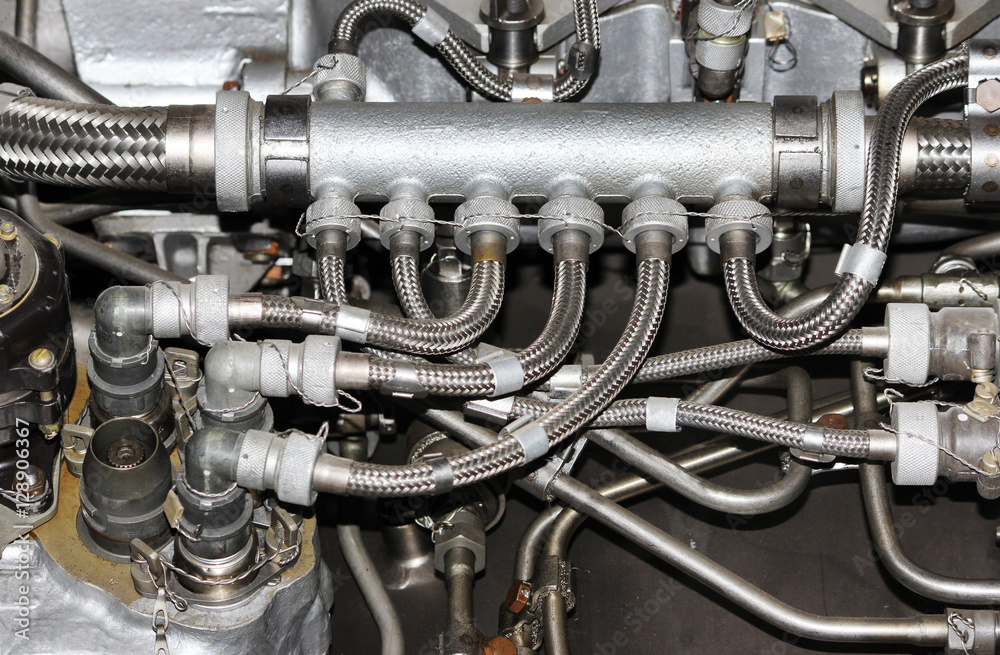 the internal structure of the aircraft engine, with hydraulic, fuel ...
