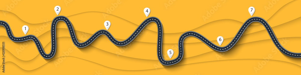 Road Trip And Journey Route Winding Road On A Colorful Background With