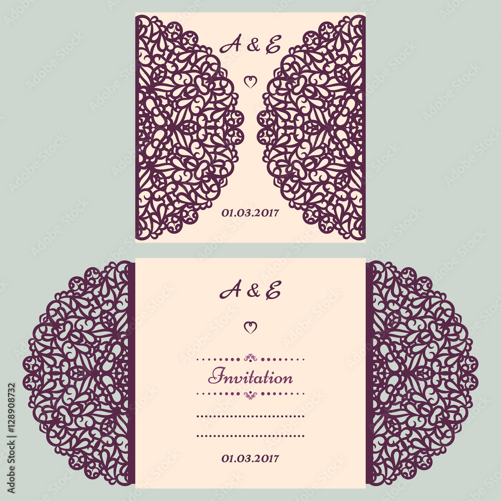 Die cut wedding invitation card template. Paper cut out card with lace ...