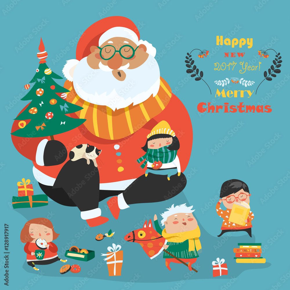 Cartoon Santa with kids Stock Vector | Adobe Stock