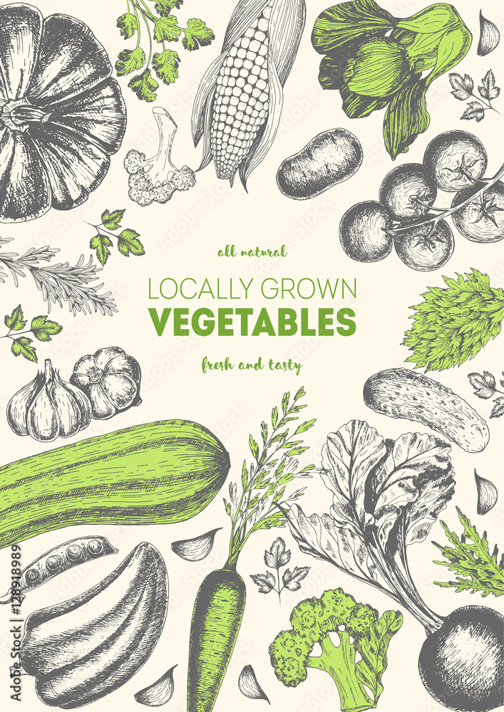 Vegetables top view frame. Organic food poster. Vector illustration ...