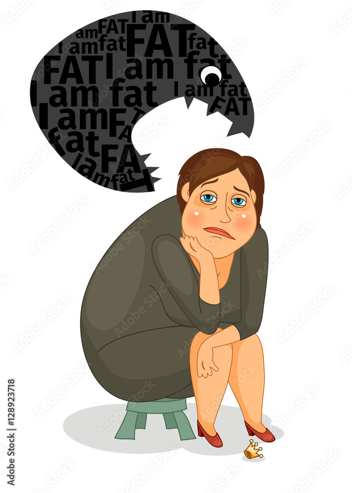 Sad fat girl sitting on a small chair and suffers Stock Vector | Adobe ...