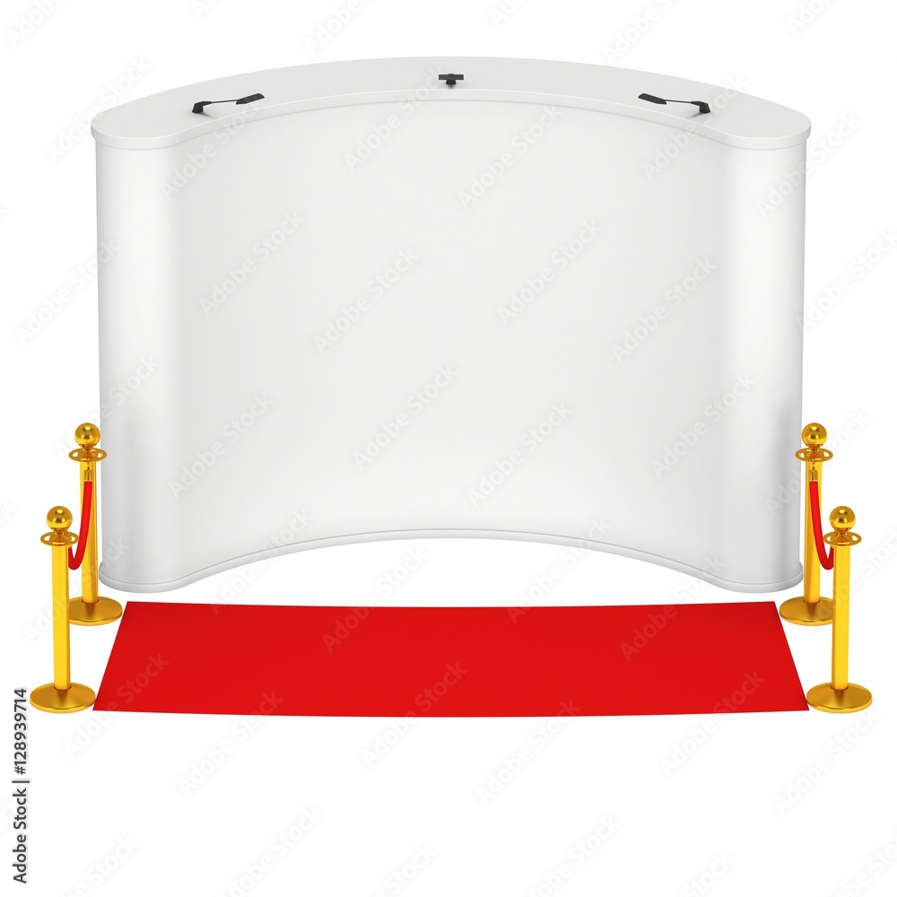 Trade show booth white and blank with silver rope barrier and red ...
