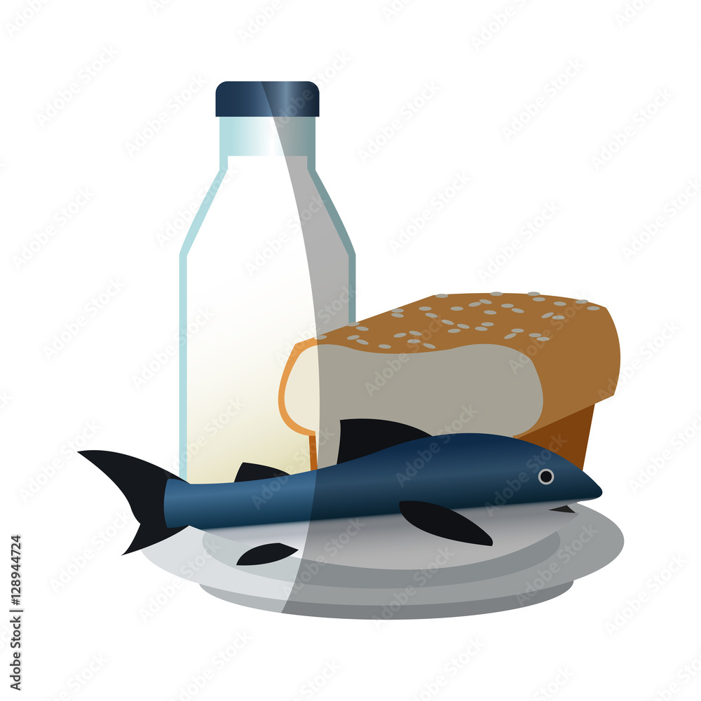 Fish bread and milk icon. Healthy organic fresh and natural food theme ...