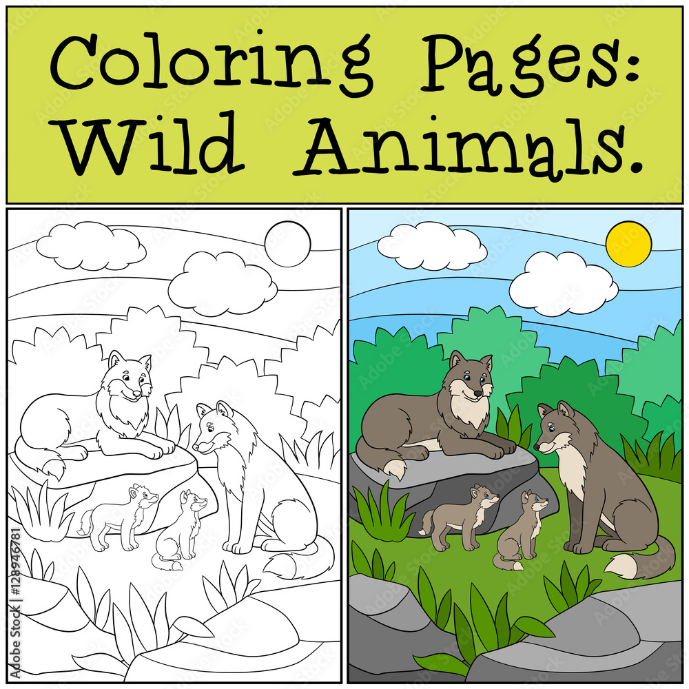 Coloring Pages: Wild Animals. Wolf family in the forest. Stock Vector ...