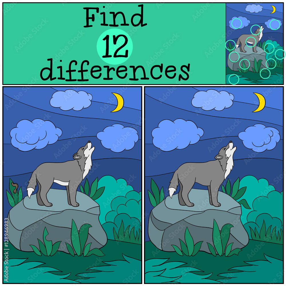Educational game: Find differences. Cute beautiful wolf howling. Stock ...