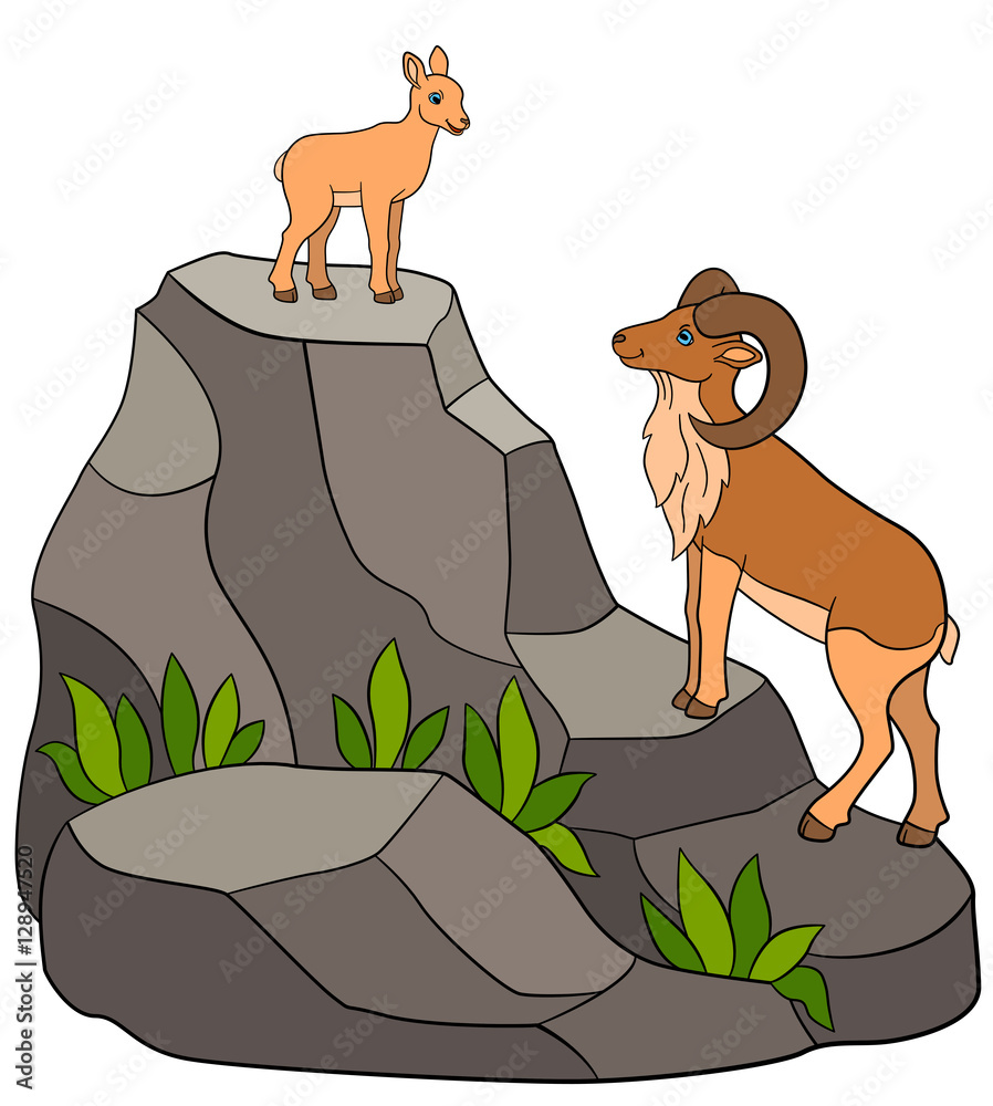 Cartoon animals. Father and baby urial on the mountains. Stock ...