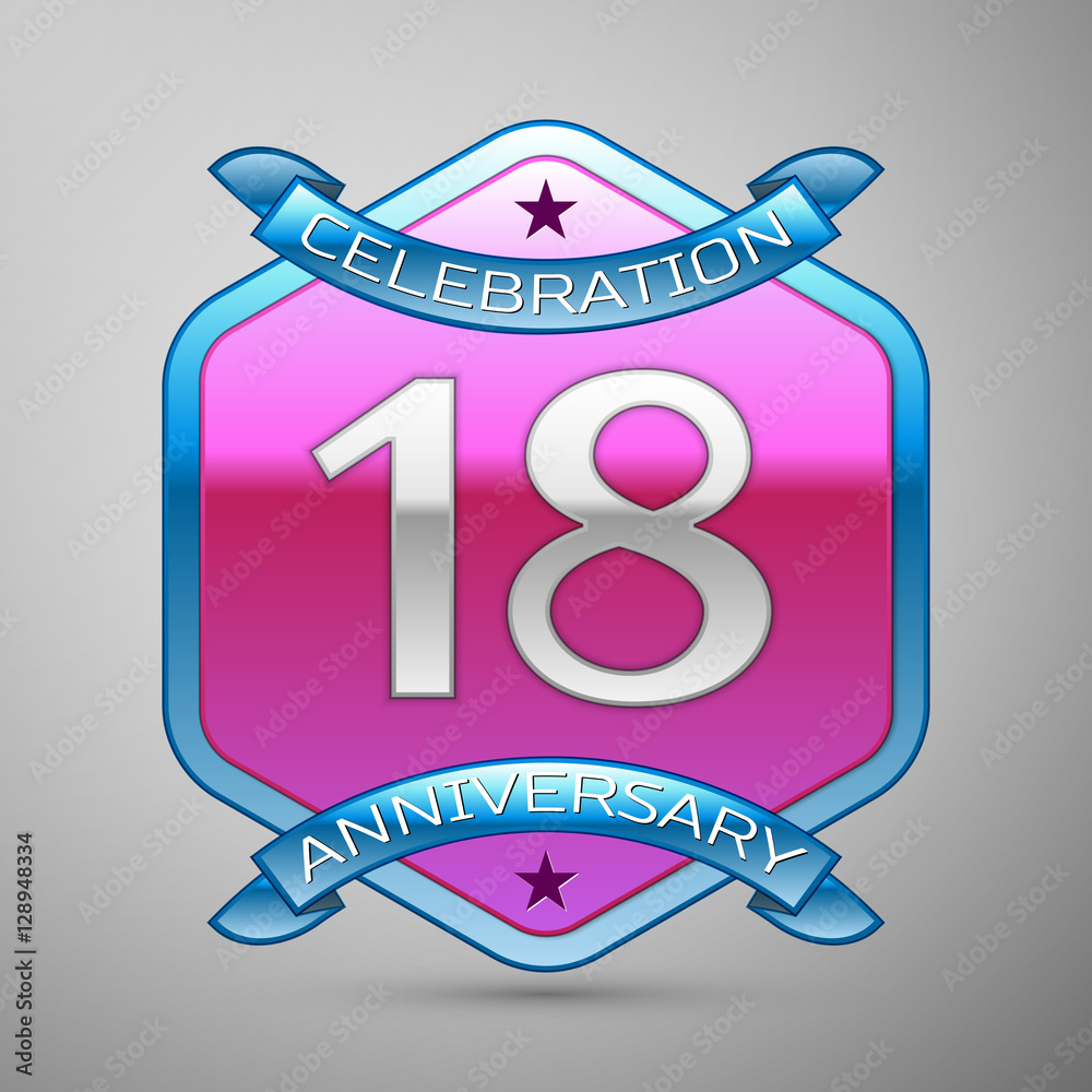 Eighteen years anniversary celebration silver logo with blue ribbon and ...