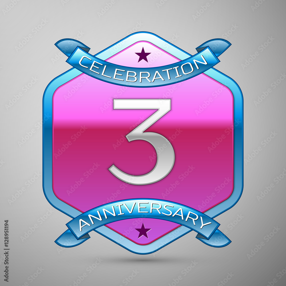 Three years anniversary celebration silver logo with blue ribbon and ...