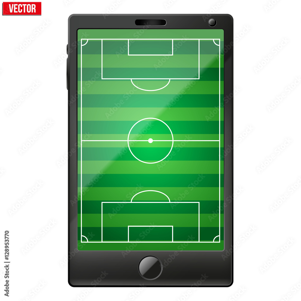 Smartphone with a football soccer field on the screen. Sport technology ...